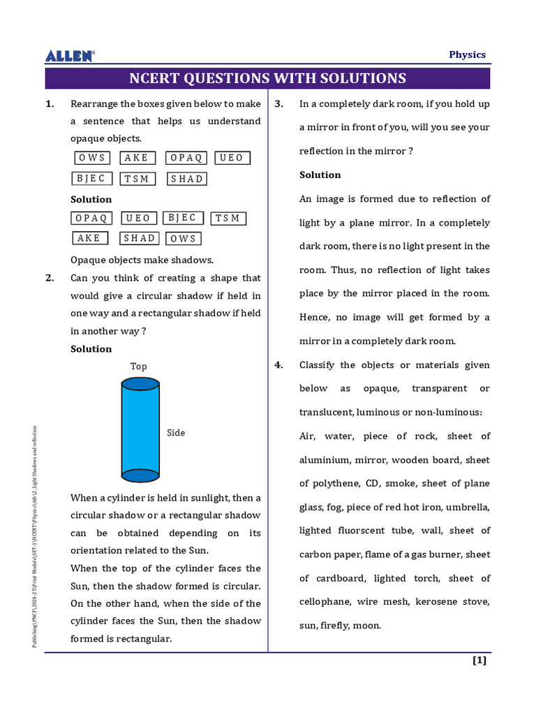 Class 6 Science Chapter 8 Light Shadows and Reflections | PDF | Mirror | Shadow