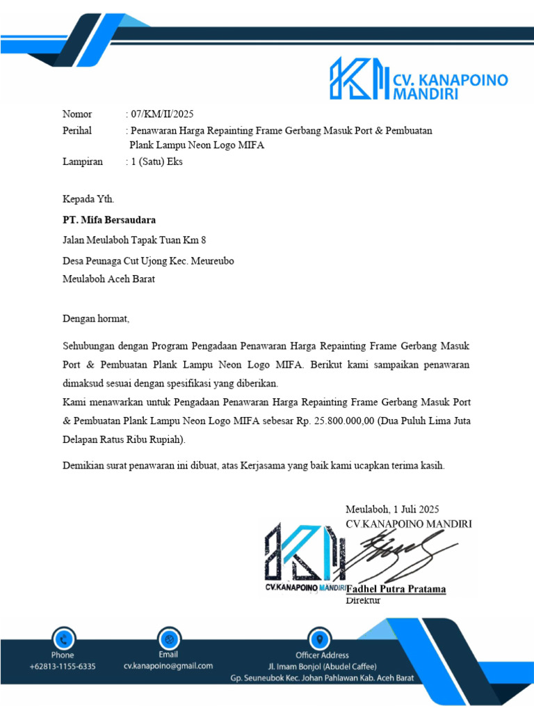PENAWARAN Repainting Frame Gerbang Masuk Port & Pembuatan Plank Lampu Neon Logo MIFA | PDF