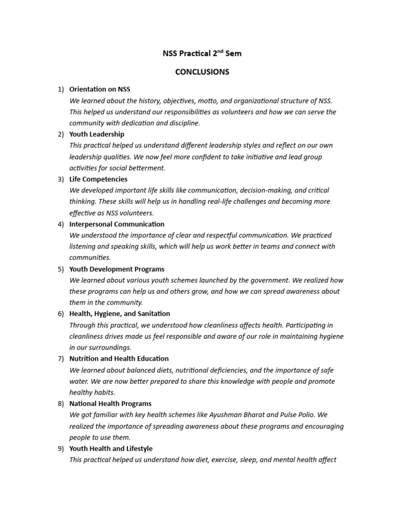 NSS Practical Conclusions | PDF | Health Care