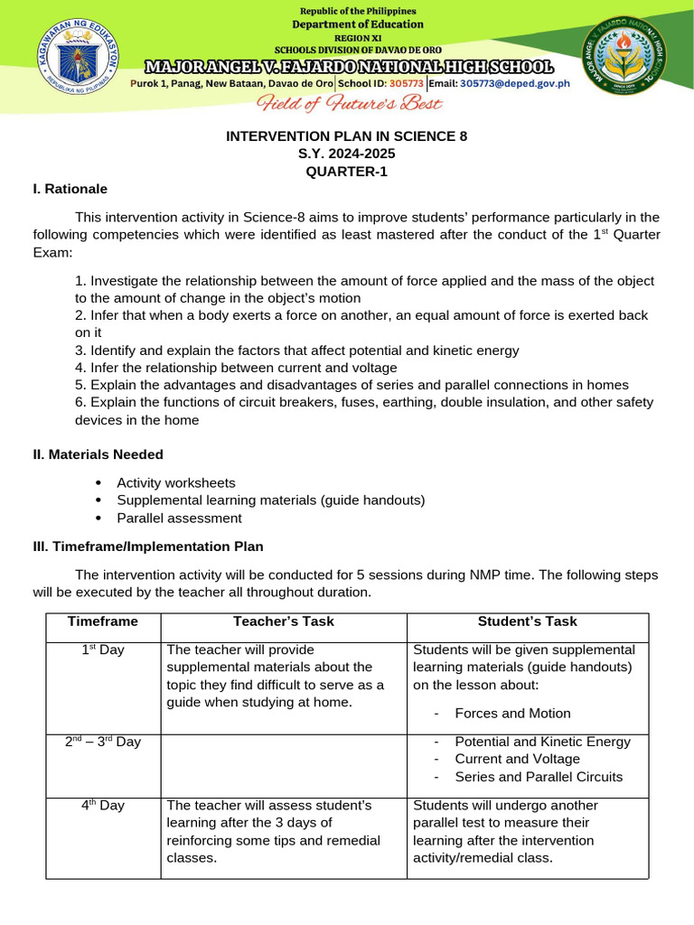 Intervention Plan (Science 8-Q1) | PDF | Force | Teachers