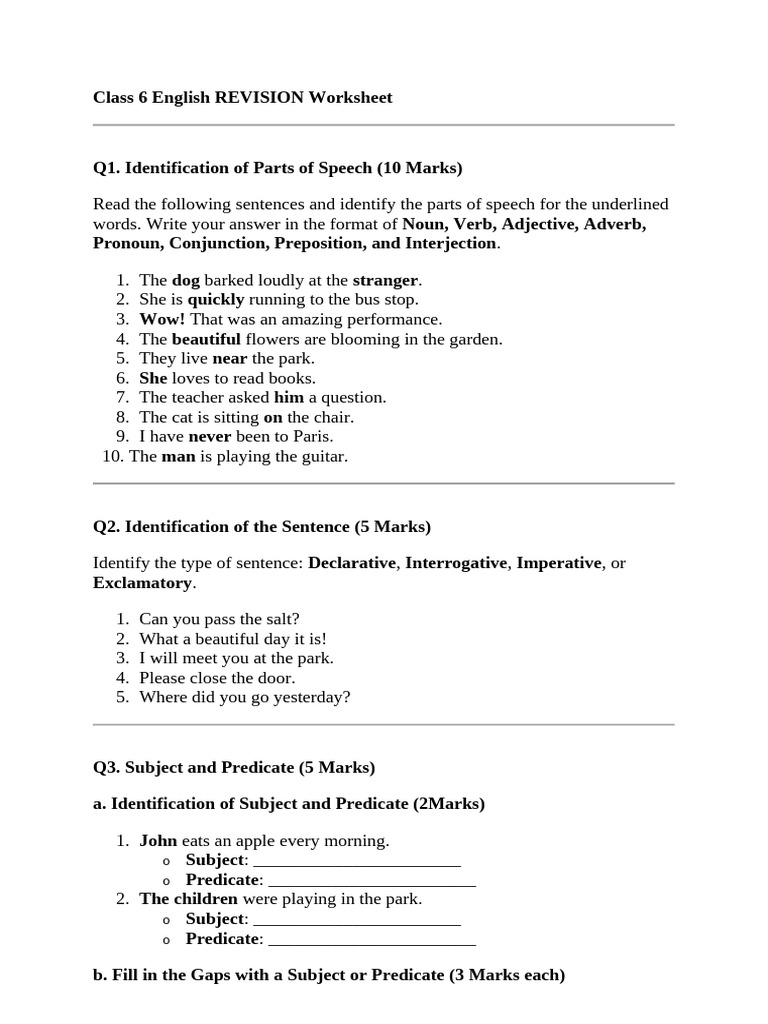 Class 6 English REVISION Worksheet | PDF | Subject (Grammar) | Part Of ...