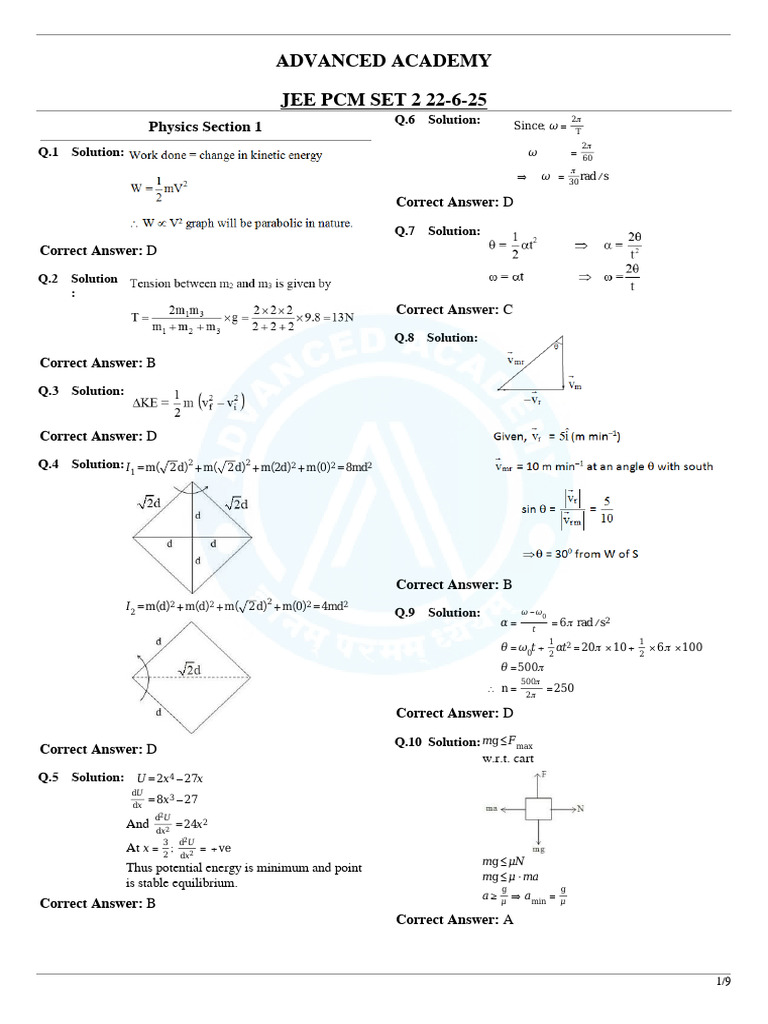 Jee PCM Set 2 22-6-25 Nagpur - Solution PDF | PDF