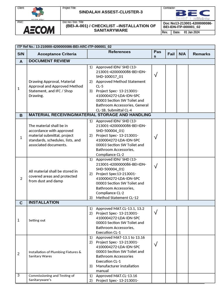 Sanitaryware Installation Checklist | PDF | Sanitation | Hygiene