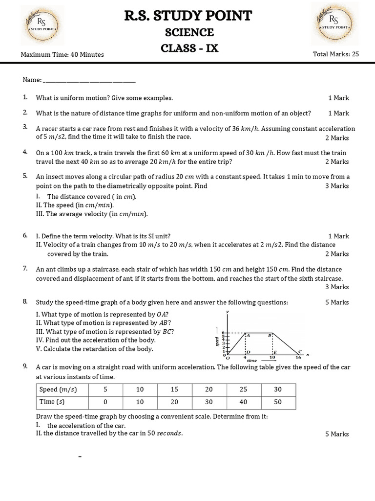 Class9 Subjective Sample Test | PDF | Acceleration | Velocity