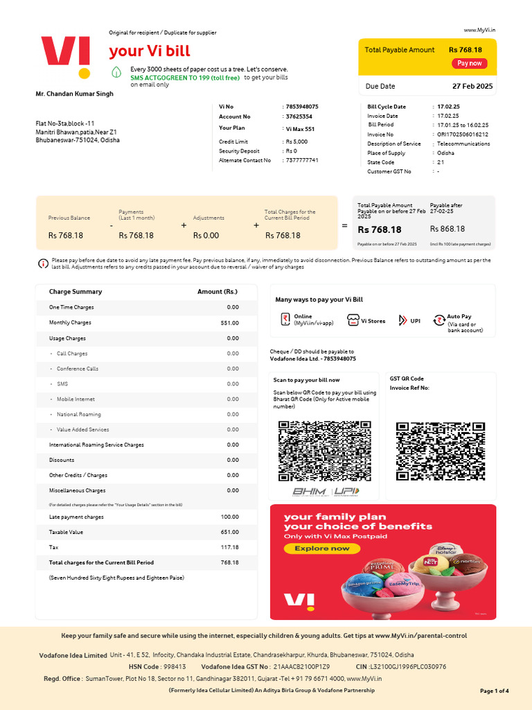 Vi Postpaid Bill Summary and Charges | PDF | Invoice | Payments