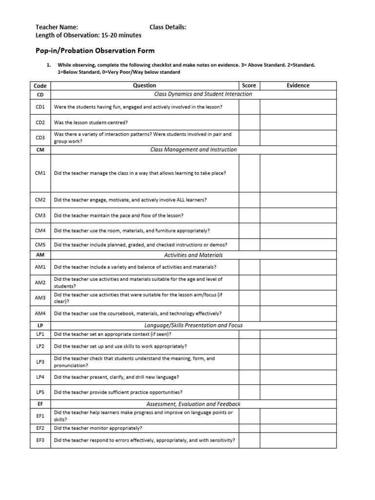 Pop in and Probation Observation Form (Quality Control) | PDF ...