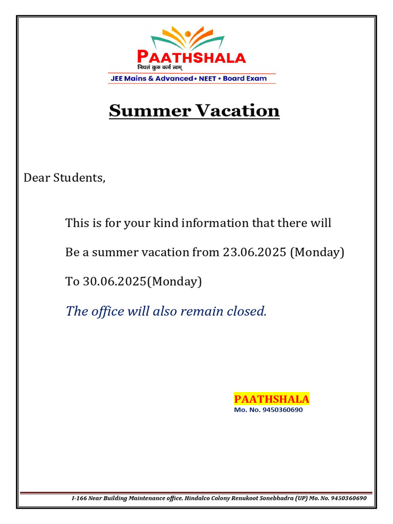 Summer Vacation Notice | PDF