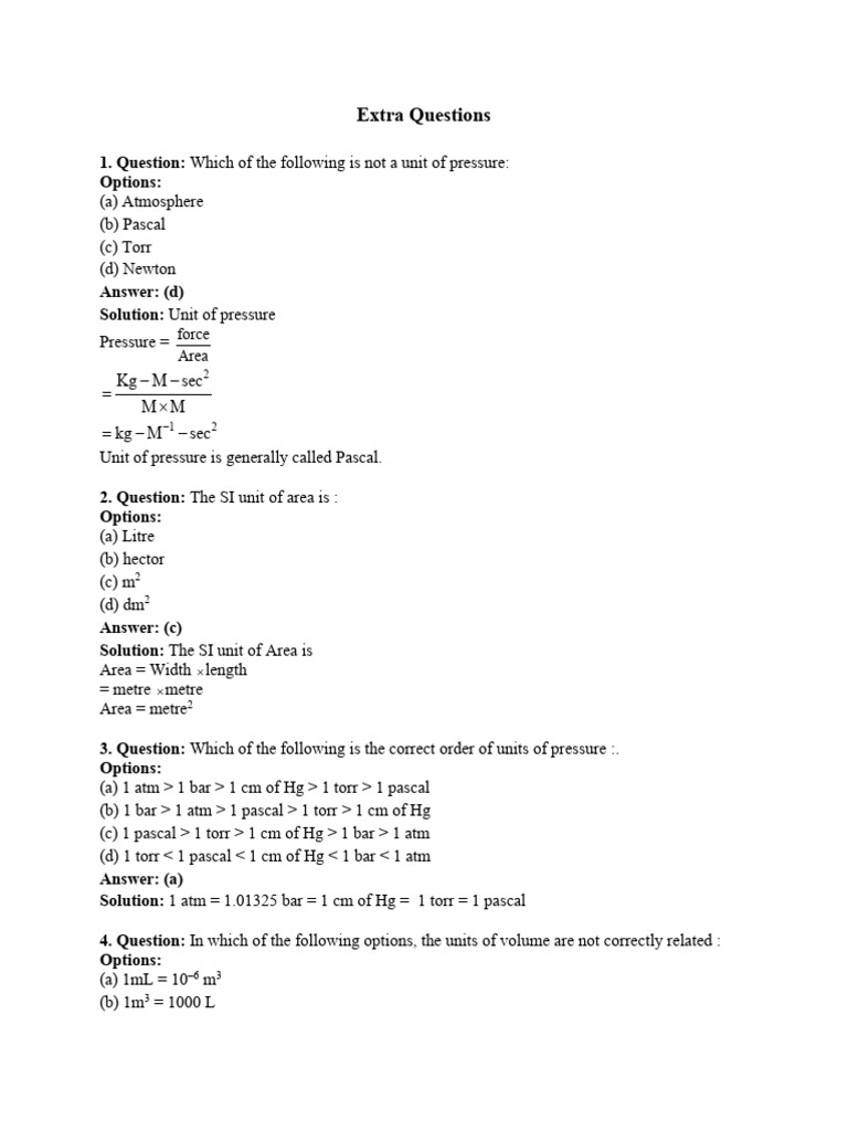 Class 9 Mole Concept Questions | PDF | Pascal (Unit) | Pressure