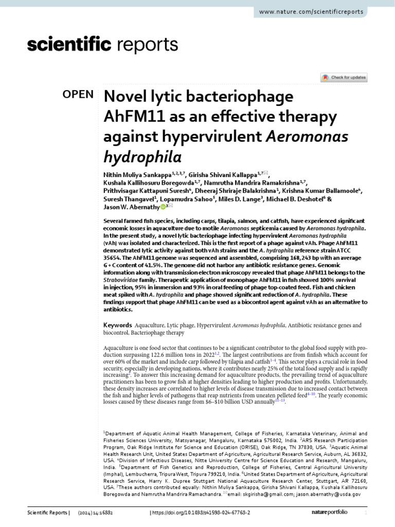Sankappa 2024 Novel Lytic Bacteriophage Against Hypervirulent Aeromonas | PDF | Bacteriophage ...