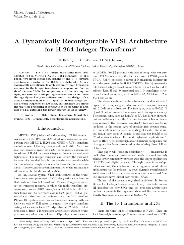 A Dynamically Reconfigurable VLSI Architecture For H.264 Integer Transforms | PDF | Data ...