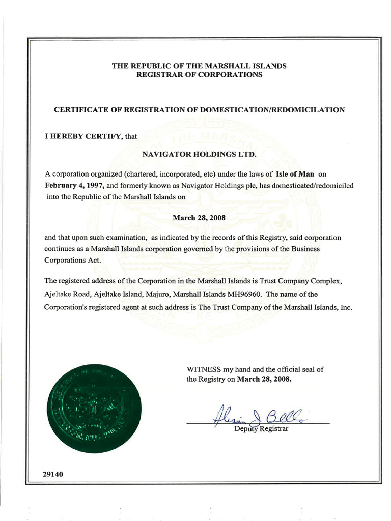 Navigator Holdings LTD Certificate of Registration of Domestication ...