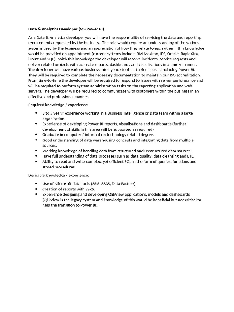 Data & Analytics Developer Role Overview | PDF