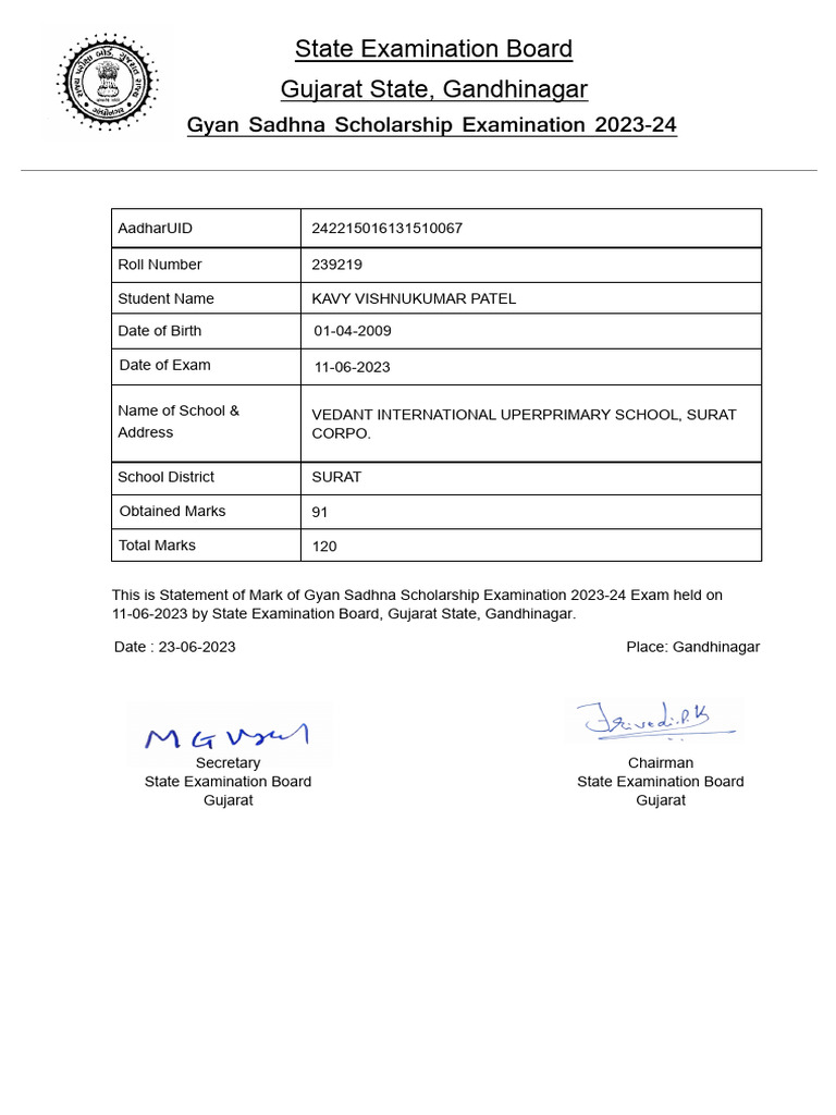State Examination Board Gujarat State, Gandhinagar: Gyan Sadhna Scholarship Examination 2023-24 ...