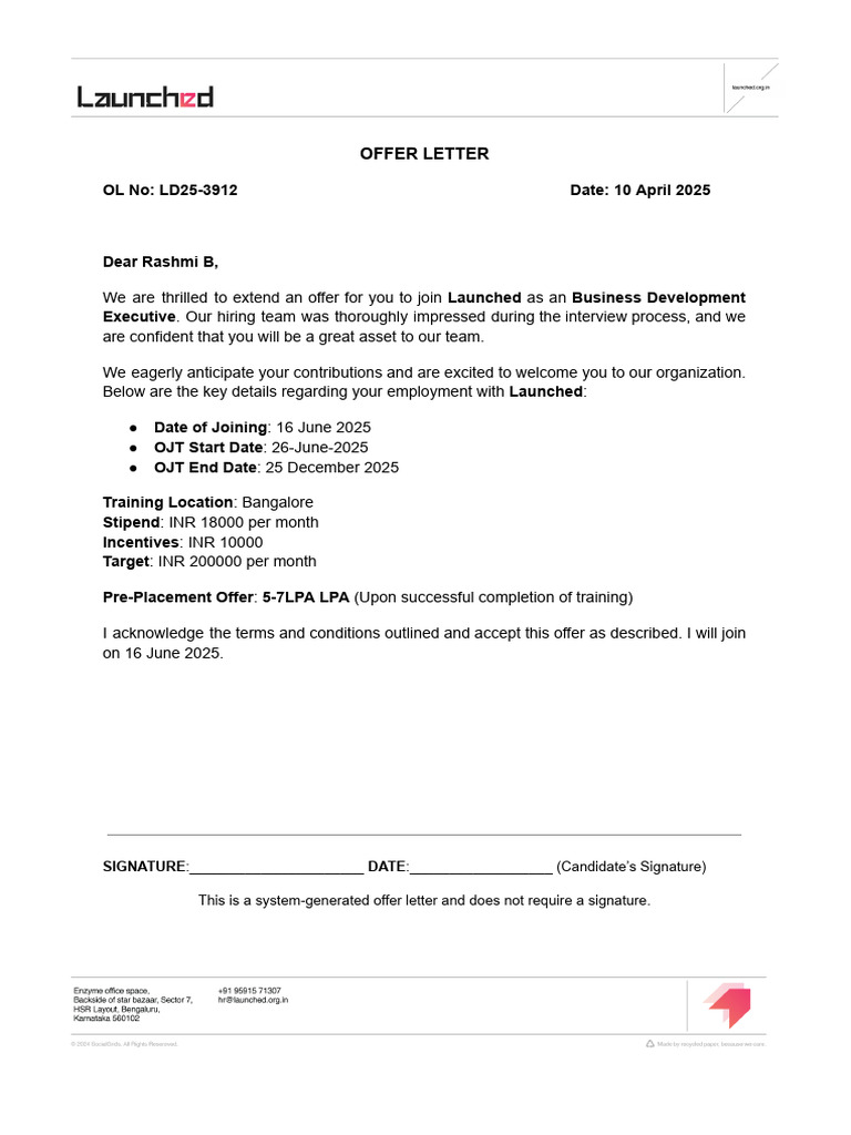 Launched Offer Letter - Rashmi B | PDF