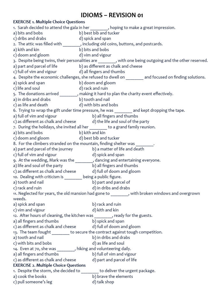 Idioms Practice Exercises for Learning | PDF
