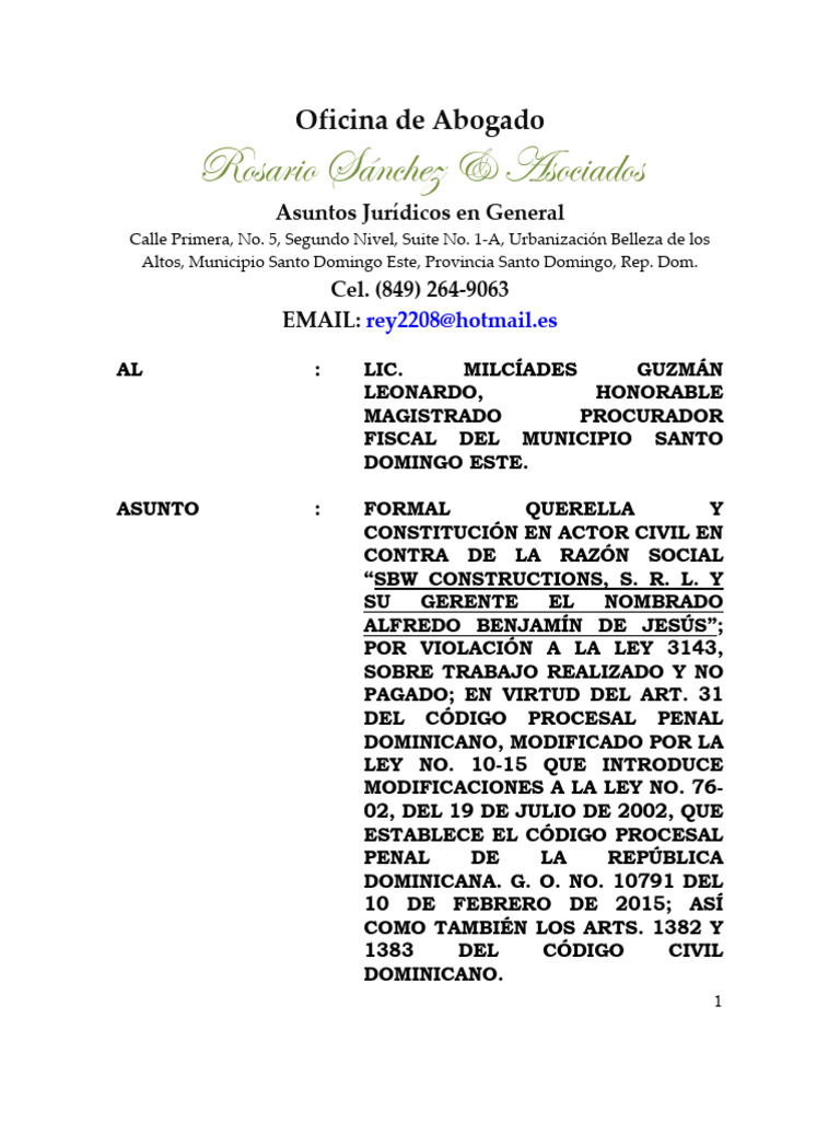 Querella Por Trabajo Pagado y No Realizado (Reynaldo) SBW | PDF | Victimologia | Caso de ley