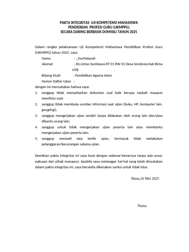 Pakta Integritas Uji Pengetahuan | PDF