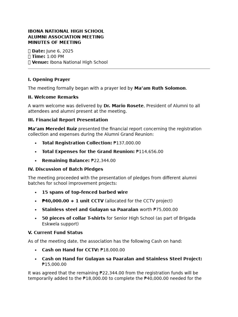 Ibona High School Alumni Meeting Minutes | PDF