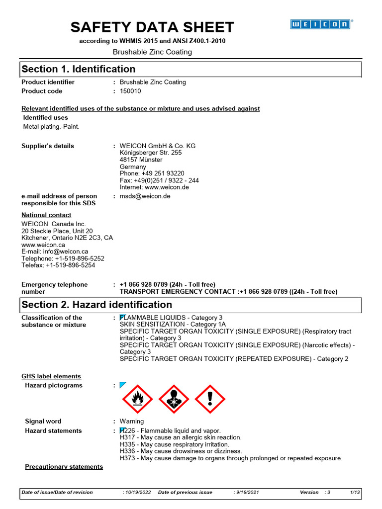 Brushable Zinc Coating Safety Data Sheet | PDF | Occupational Safety ...