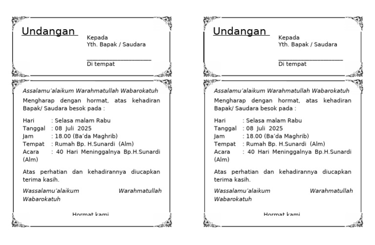 Undangan 40 Hari Meninggal Bp. H. Sunardi | PDF