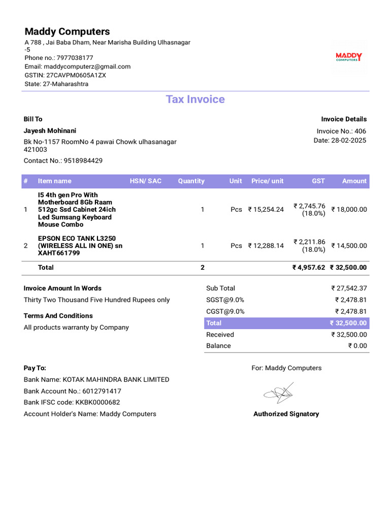 Jayesh Mohinani - 406 - 28-02-2025 | PDF | Invoice | Computer Hardware