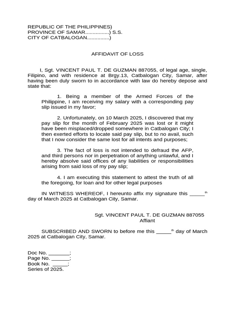 Affidavit of Loss - AFPSLAI PAYSLIP | PDF | Affidavit | Legal Procedure