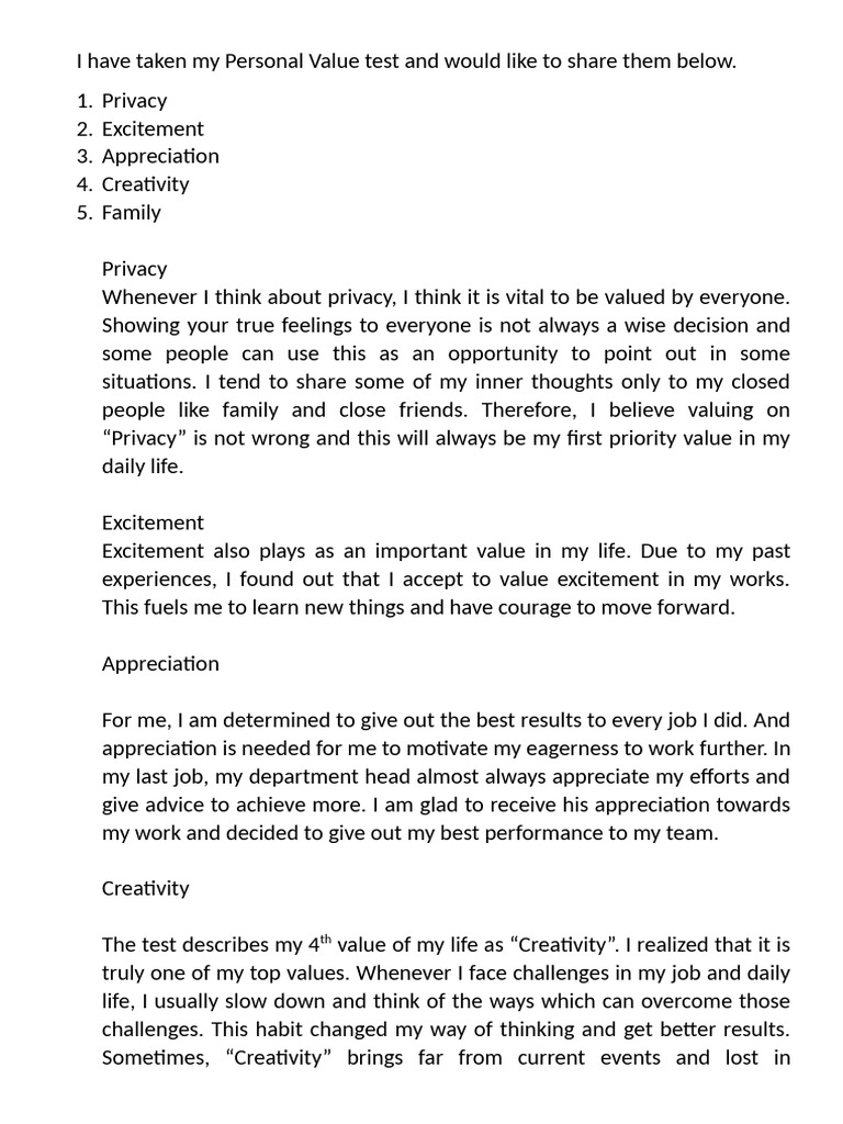 Reflection On My Top 5 Personal Values - Aye Nyein Nyein Thar | PDF