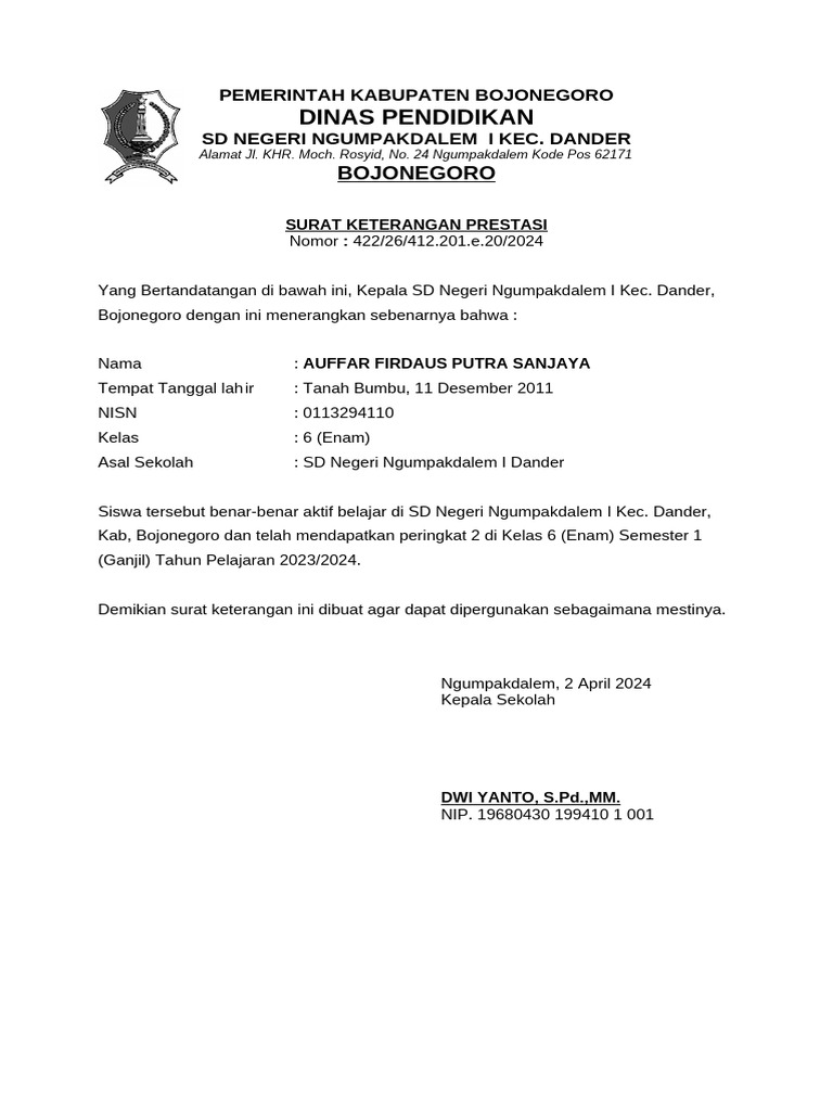 Surat Keterangan Prestasi Siswa | PDF