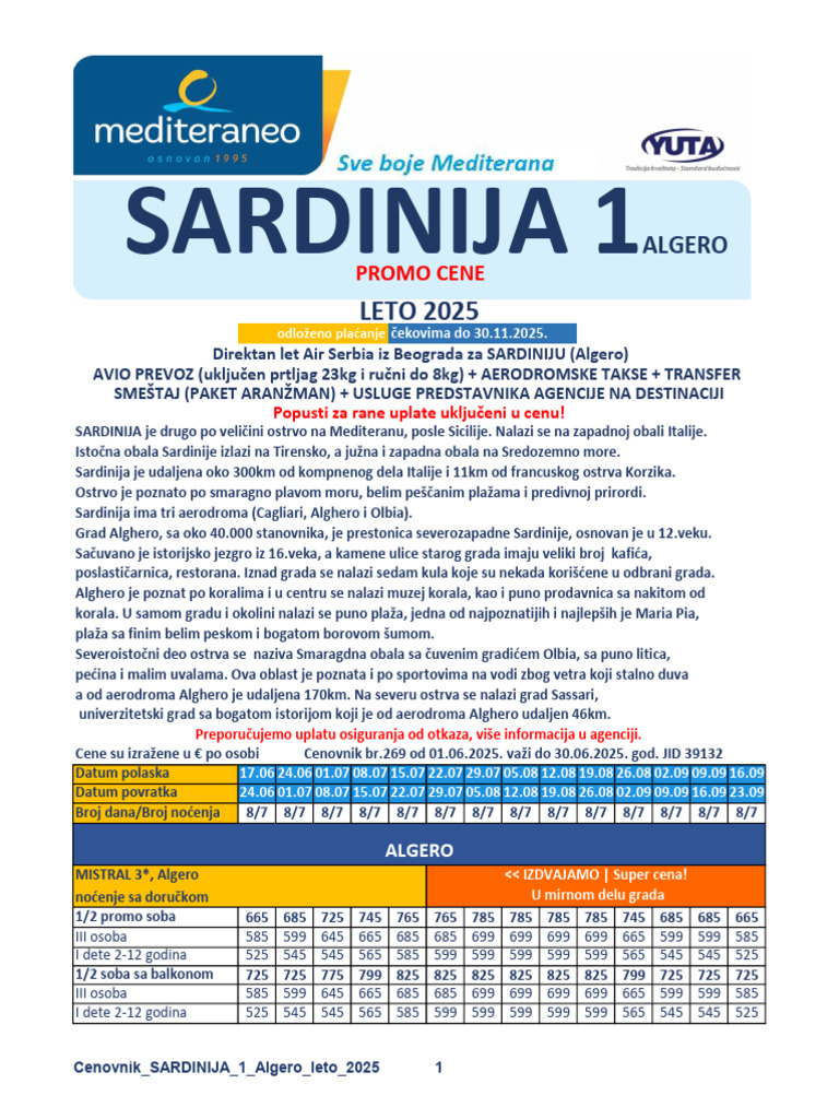 Cenovnik SARDINIJA 1 Alghero Leto 2025 | PDF