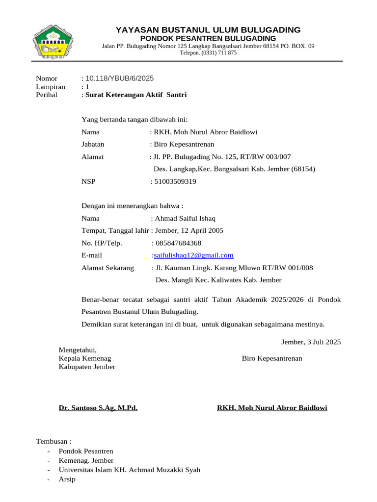 Contoh Surat Aktif Pondok Pesantren | PDF