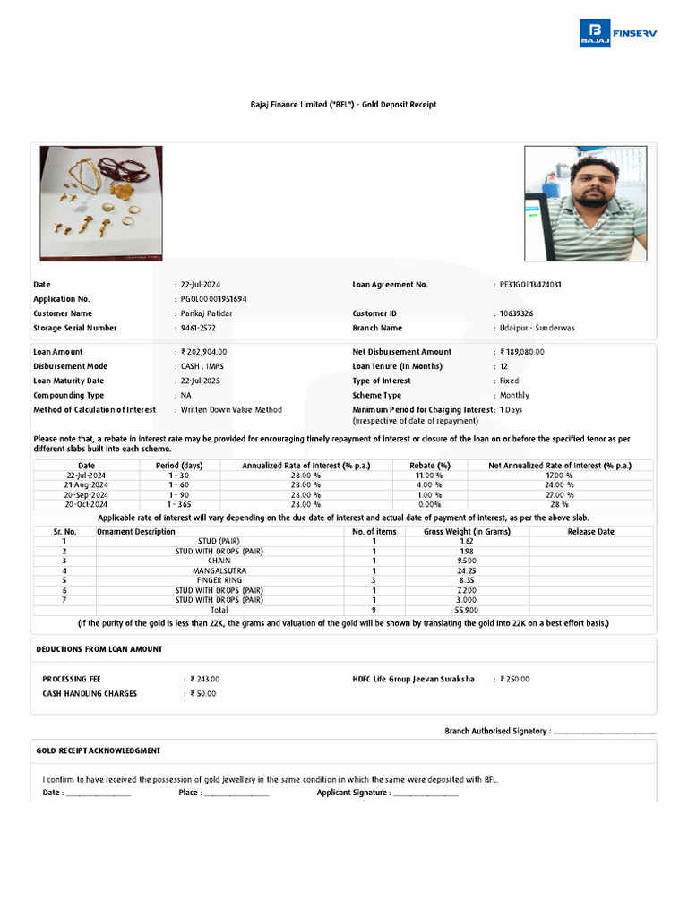 Bajaj Gold Deposit Receipt Details | PDF | Interest | Loans