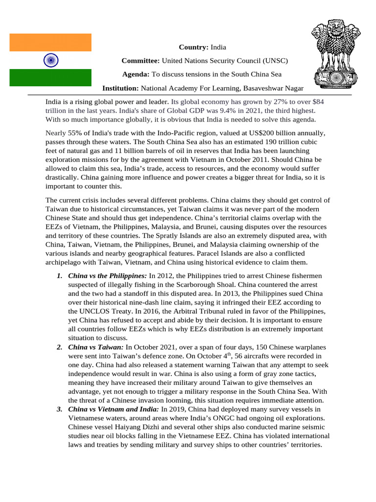 Delegate of India - UNSC - Position Paper | PDF | South China Sea ...