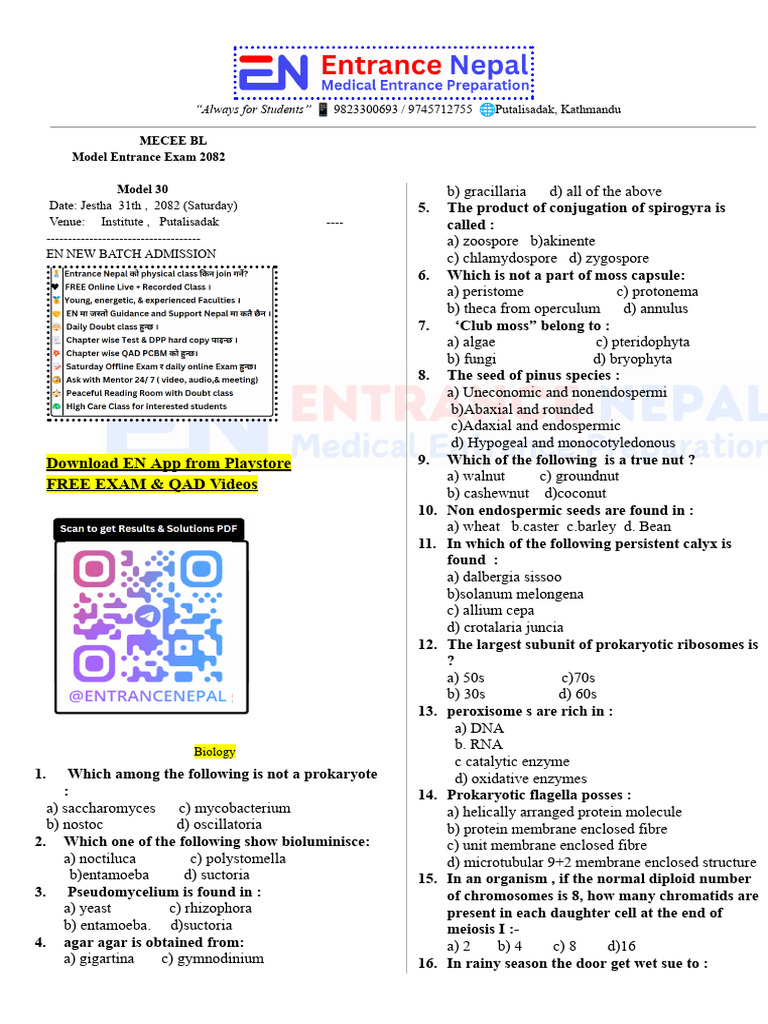 MECEE BL Model Entrance Exam 2082 | PDF | Dominance (Genetics ...