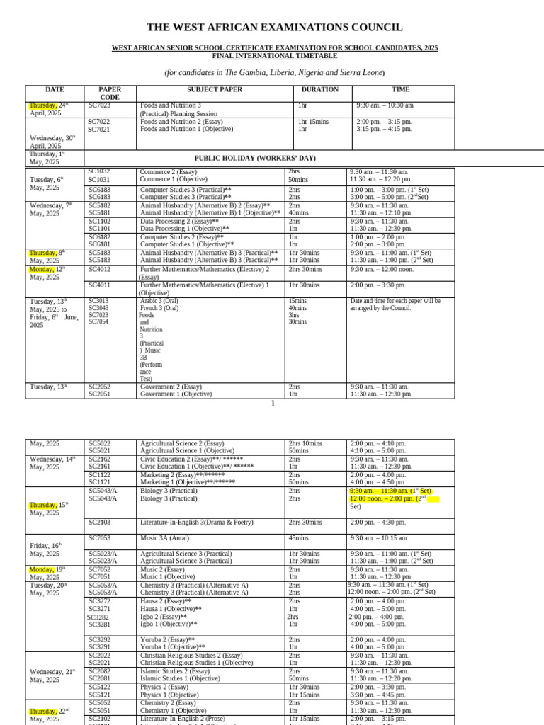 2025 Time Table Waec - 102153 | PDF