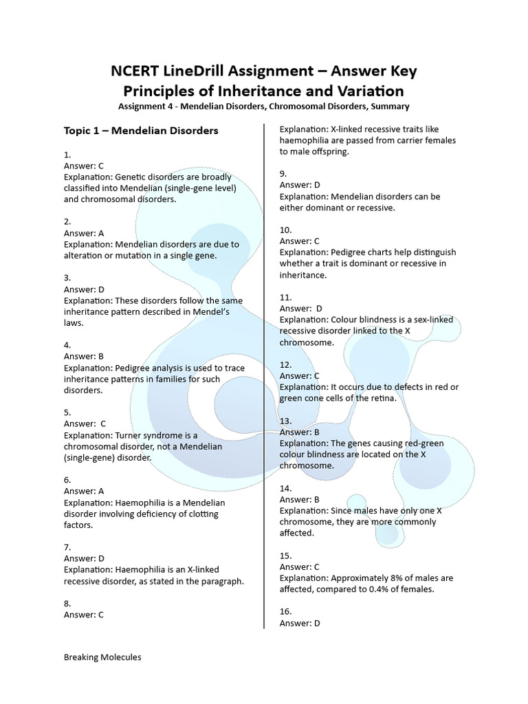 NCERT LineDrill Principles of Inheritance and Variation 4 Ans Key | PDF | Genetic Disorder ...