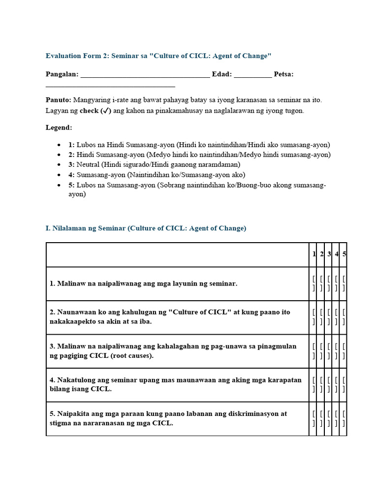 Evaluation Form of Cultures of CICL | PDF