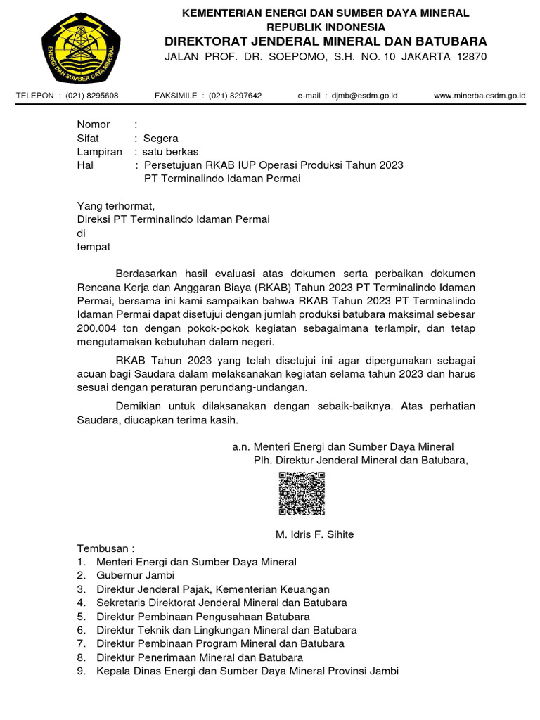 Persetujuan RKAB 2023 PT Terminalindo | PDF