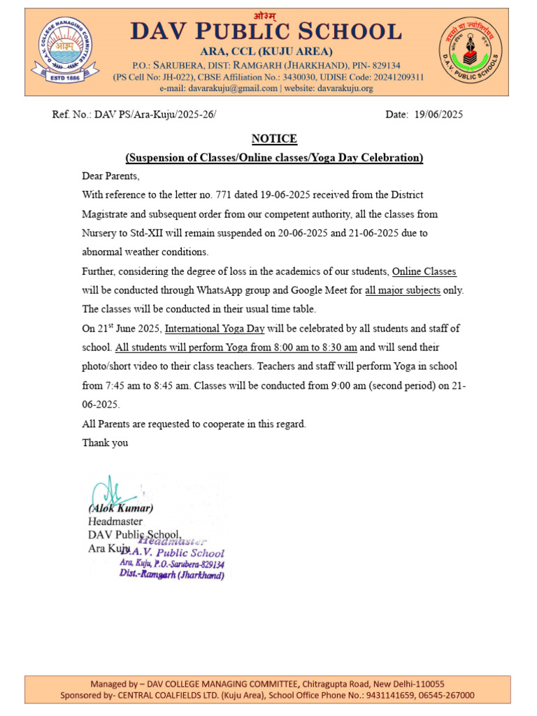 Notice-Class Suspension-Online Class-Yoga Day Celebration | PDF