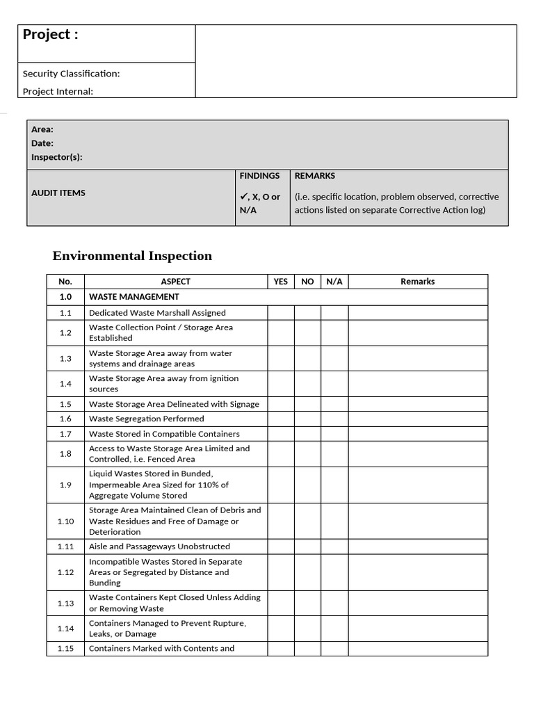 Environmental Inspection Checklist | PDF | Waste | Water