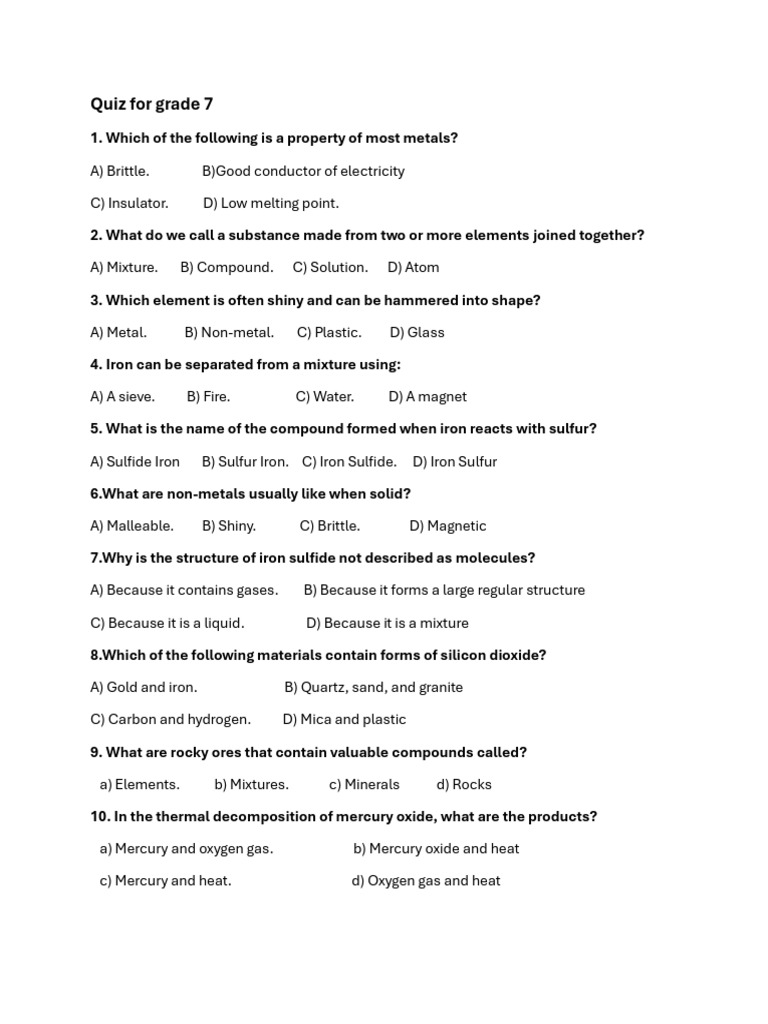 Metals and Non-Metals Quiz for Grade 7 | PDF