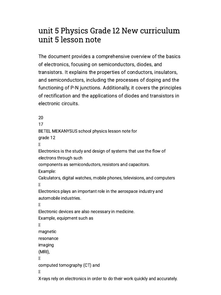 Unit 5 Physics Grade 12 New Curriculum Unit 5 Lesson Note - PDF - P-N Junction - Bipolar ...