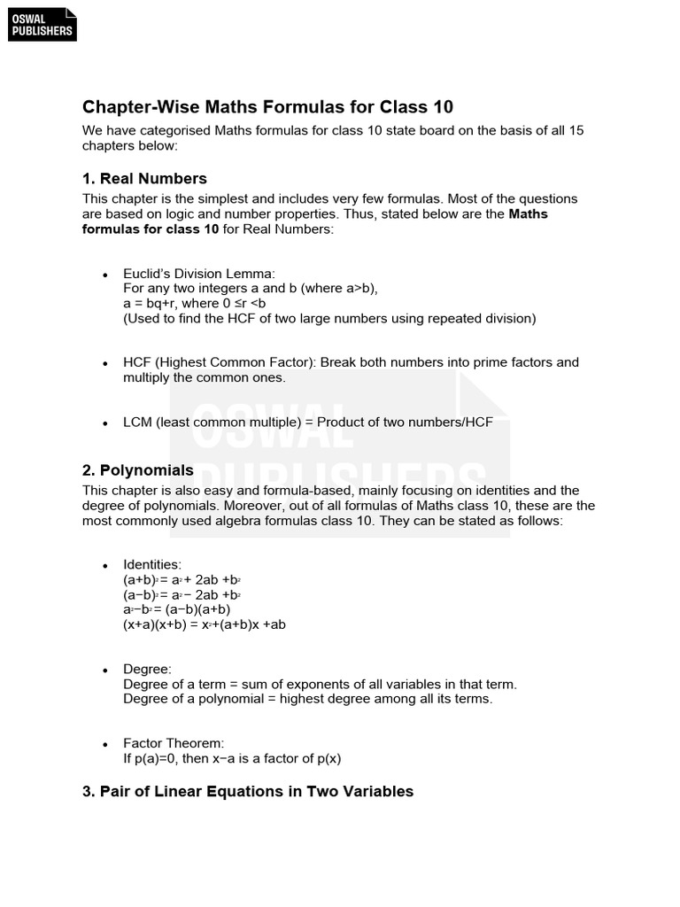 Class 10 Maths Formulas by Chapter | PDF | Numbers | Arithmetic