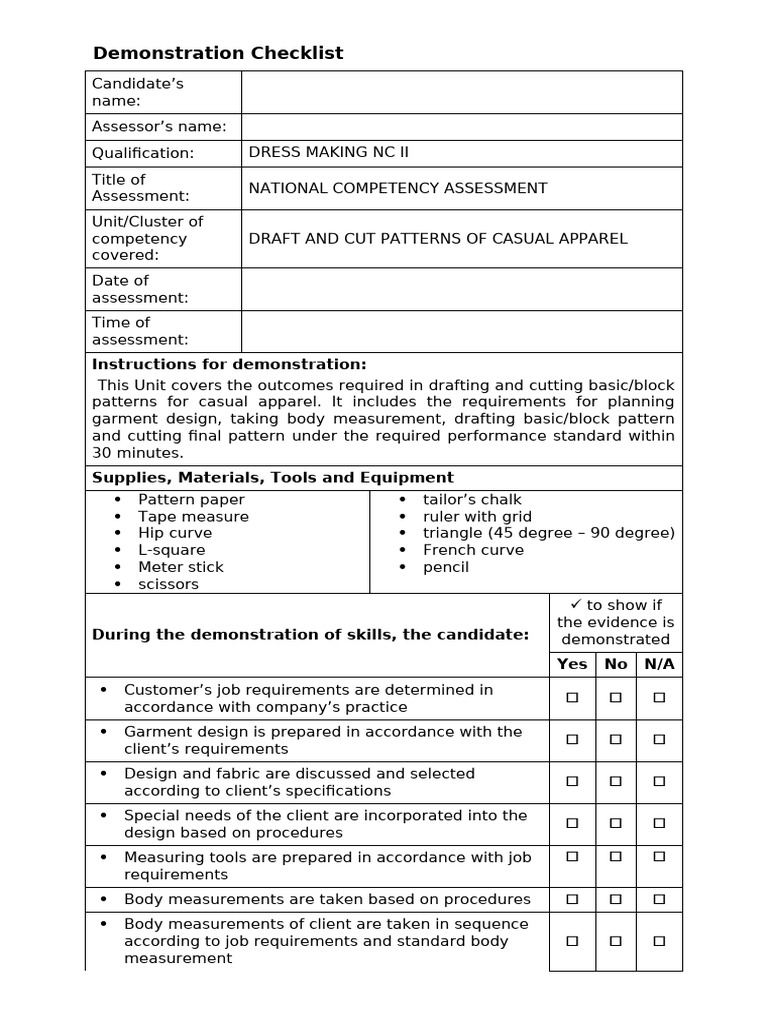 Demonstration Checklist Lucking Last UC | PDF | Sewing | Textiles