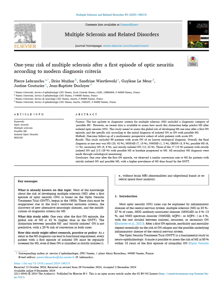Journal Club 7 Maret One-Year Risk of Multiple Sclerosis After A First ...
