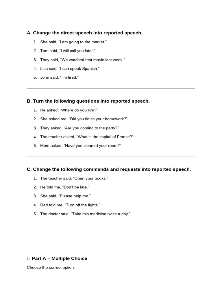 Reported Speech Exercises A2 PDF | PDF