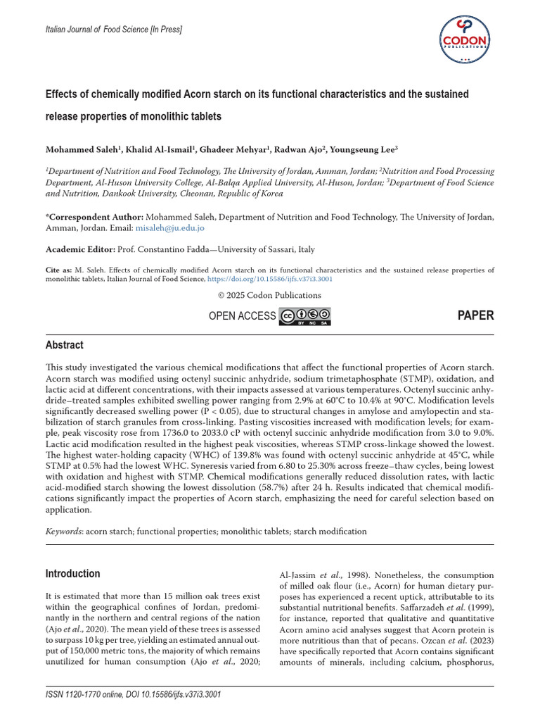 Effects of Chemically Modified Acorn Starch On Its Functional ...