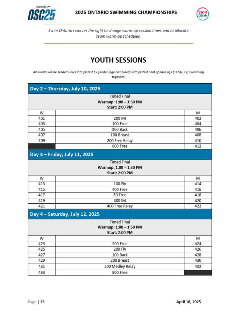 2025 Ontario Swimming Championships Schedule | PDF | Racing