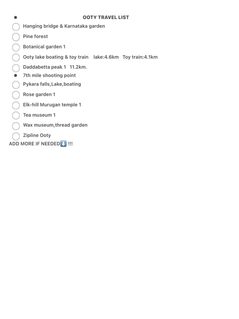 Ooty Travel List | PDF
