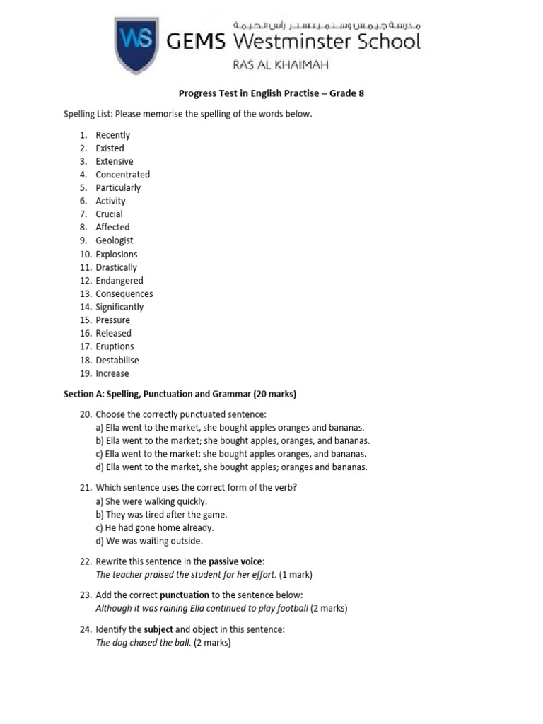 Progress Test Practise - Grade 8 | PDF | Sentence (Linguistics ...
