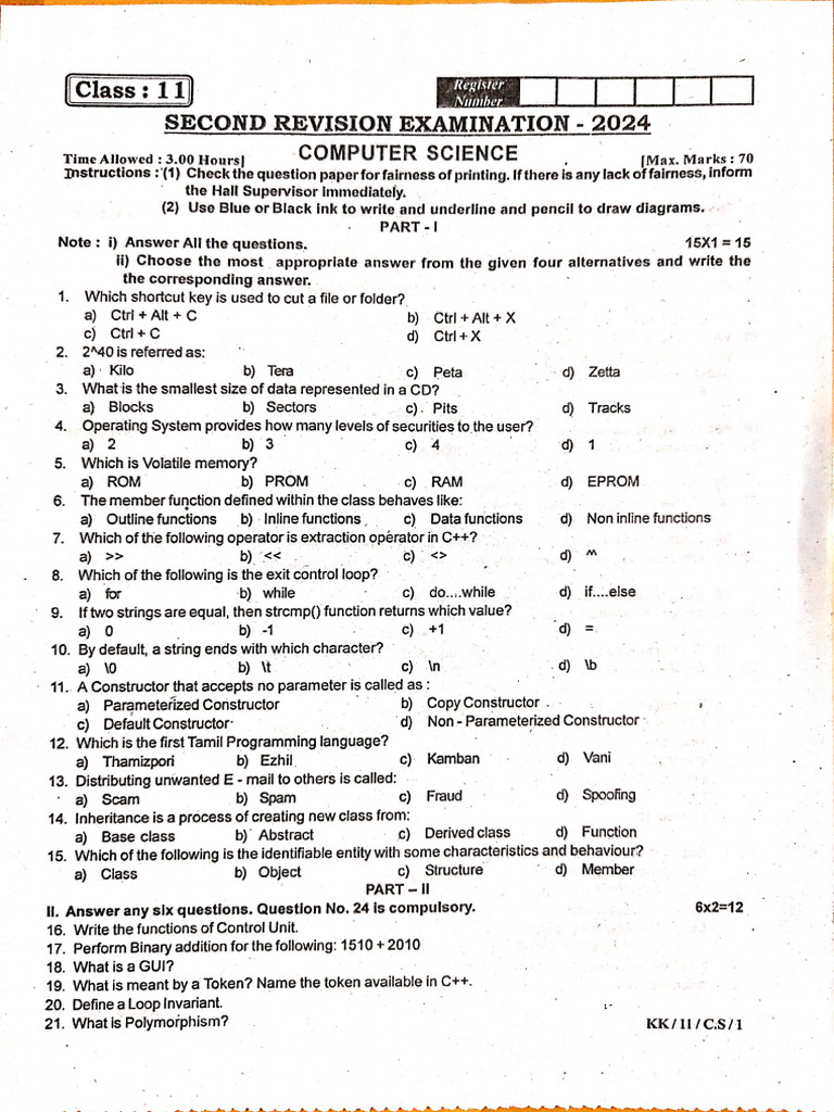 11th Computer Science EM Second Revision Exam 2024 Question Paper With Answer Keys Kallakurichi ...